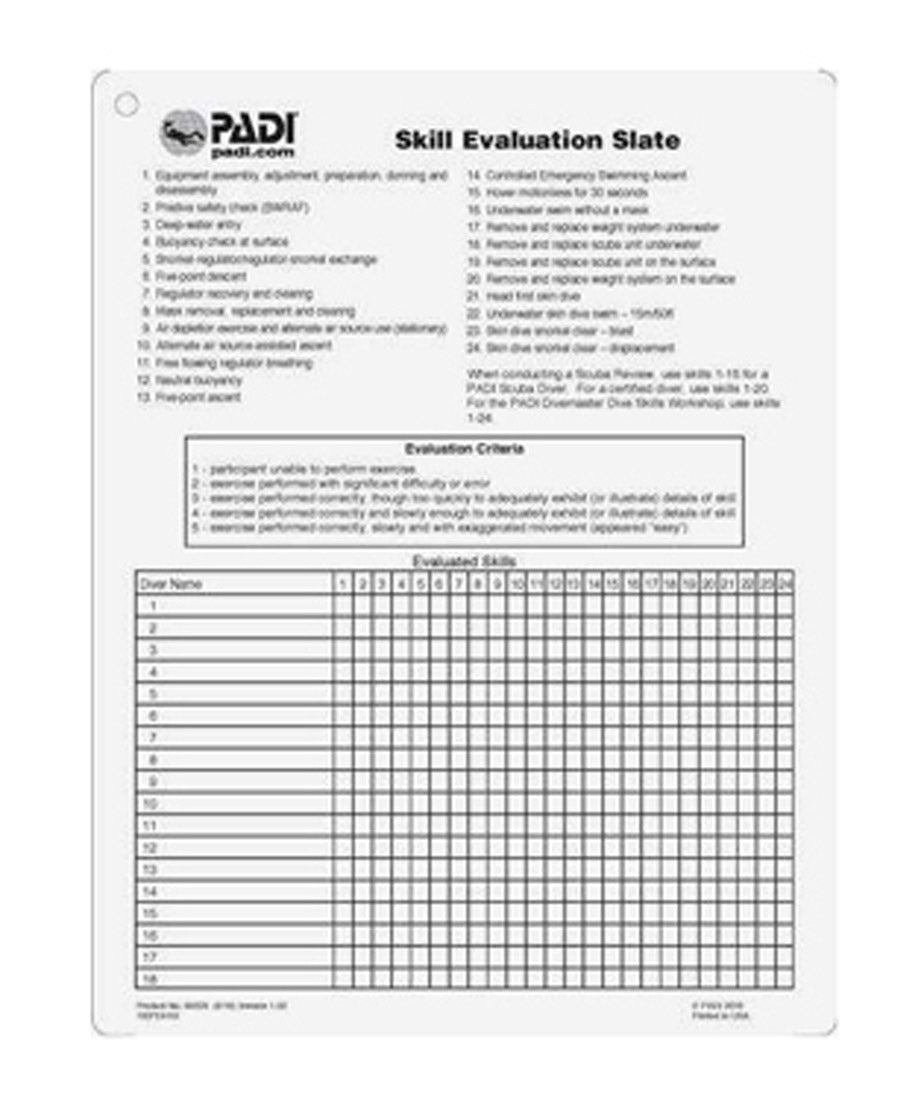PADI Skill Evaluation Slate 8.5" x 11" for Divemaster and Professional ...